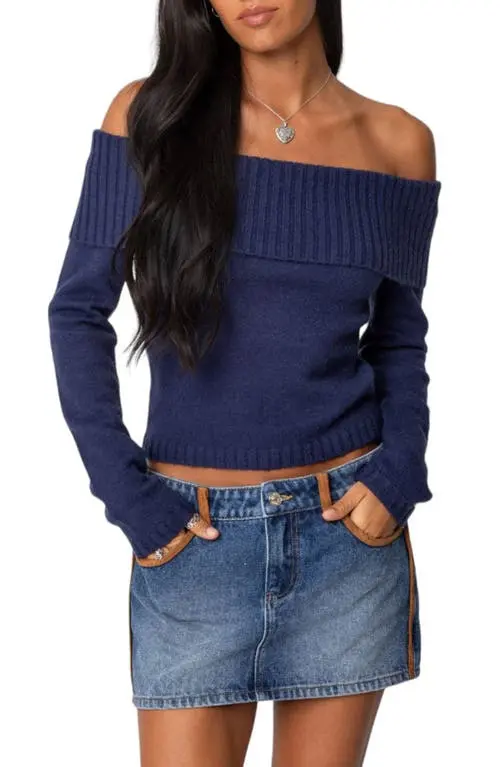 EDIKTED Tamara Foldover Knit Top - Navy