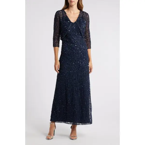 Pisarro Nights Beaded Sequin Gown With Bolero