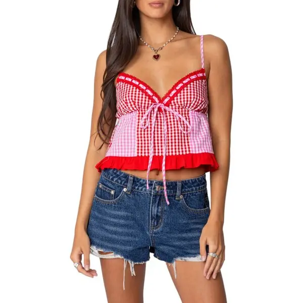 EDIKTED Joanne Mixed Gingham Camisole - Red/pink