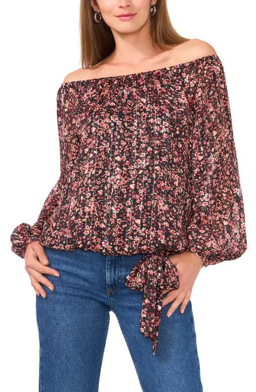 Vince Camuto Floral Metallic Stripe Top - Rich Black