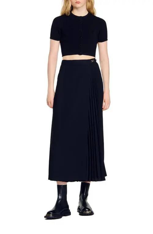 Sandro Curb Chain Buckle Pleated Maxi Skirt - Black