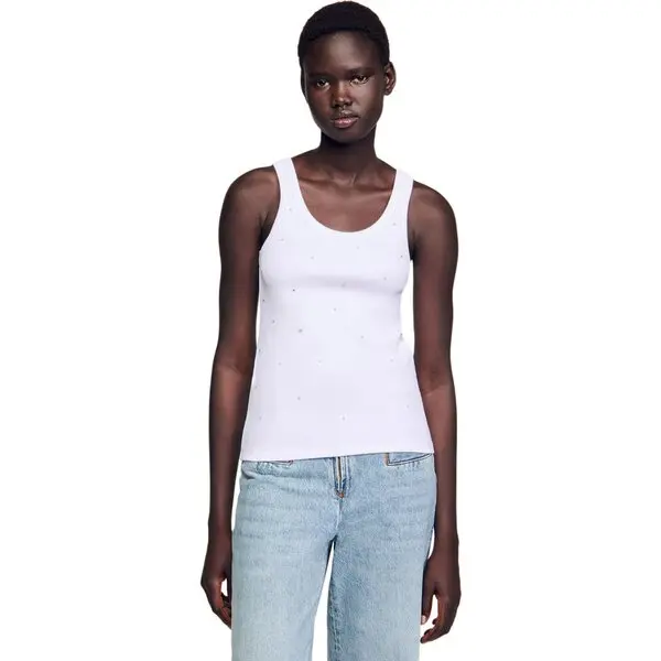 Sandro Jersey Tank With Rhinestones - White