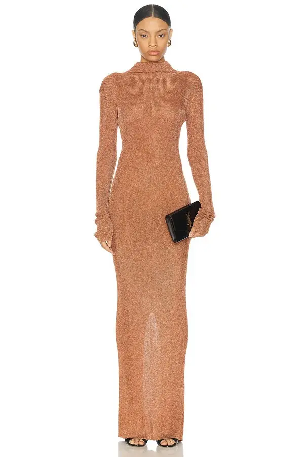 LAQUAN SMITH Long Sleeve Mock Neck Gown - Copper