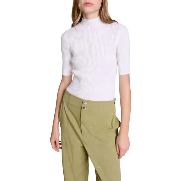 Maje Cotton And Silk Ribbed Top - Ecru