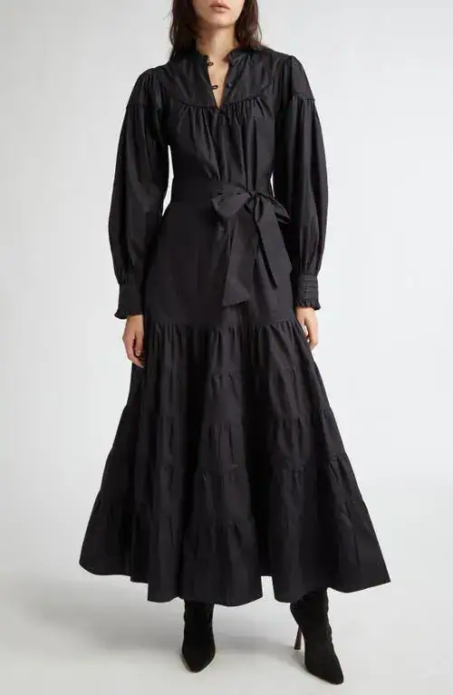 Mille Ninette Tiered Long Sleeve Cotton Poplin Dress In Black Poplin - 40%  Off | Editorialist