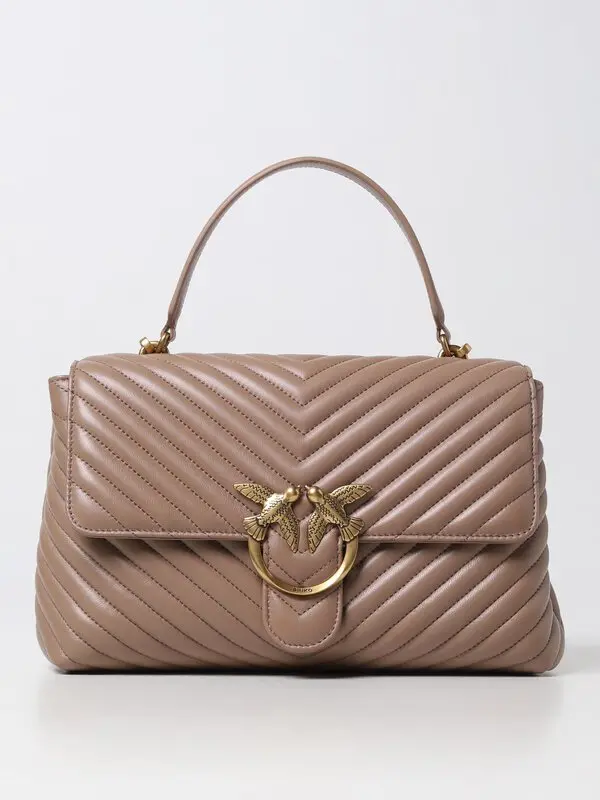 Pinko Love Lady Bag In Chevron Nappa With Logo - Beige