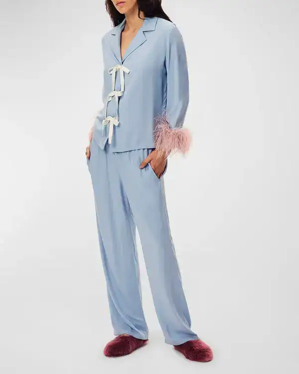 Sleeper The Bow Feather-Trim Pajama Set Blue Editorialist