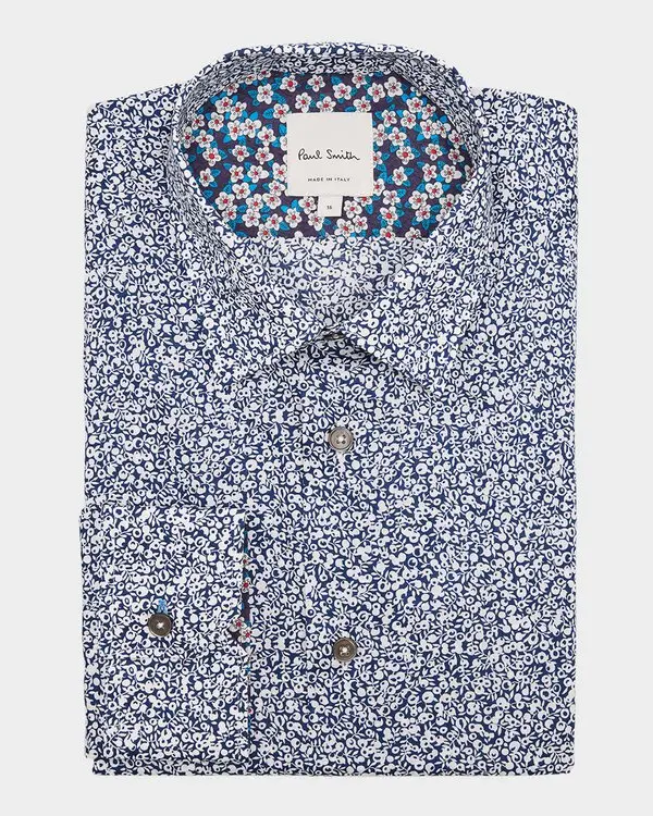 Paul Smith Organic Cotton Micro-Floral Dress Shirt In Navy 50