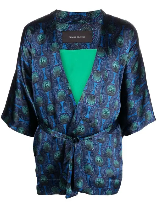 Ozwald Boateng Printed Silk Short Kimono - Blue