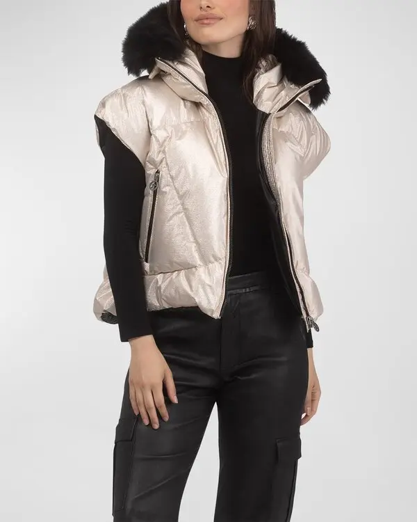 Gorski Apres-ski Metallic Vest With Toscana Lamb Shearling Hood Trim - Gold/black