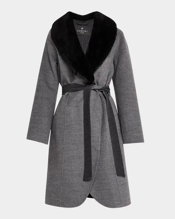 Gorski Belted Wool Stroller Coat With Detachable Shearling Collar
