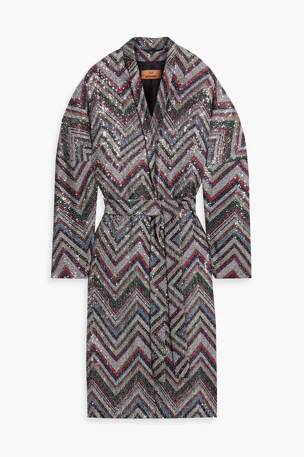 Missoni Belted Sequined Crochet-knit Coat - Black