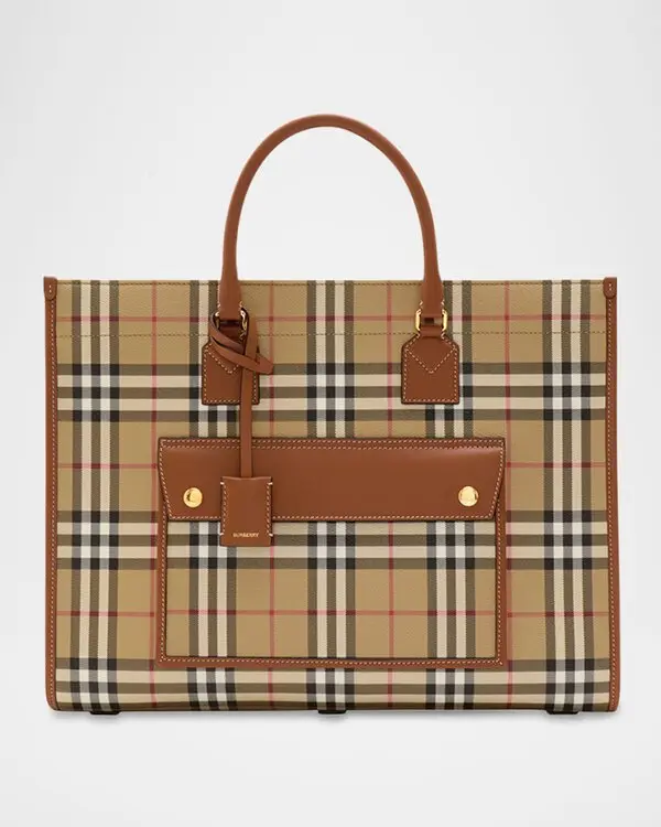 Burberry Large Freya Check Tote Bag - Vintage Check Briar Brown