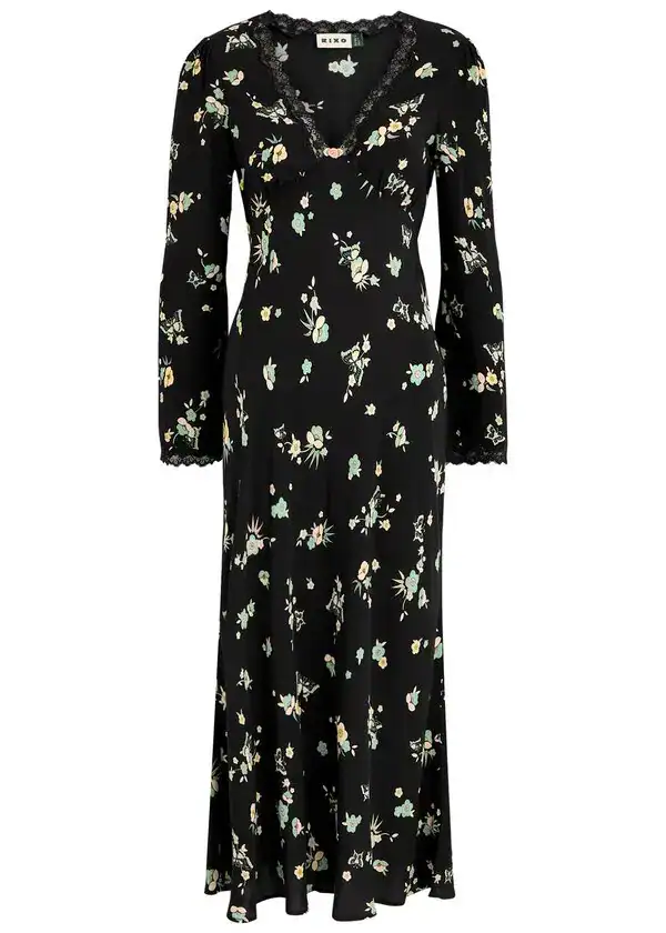 blair lace midi dress Rixo Blair Floral-Print Lace-Trimmed Midi Dress In Black - 67% Off