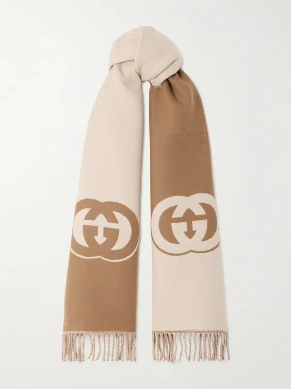 Gucci Fringed Wool And Cashmere-blend Jacquard Scarf - Ivory