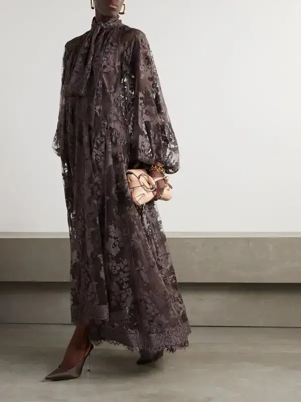 zimmermann brown lace dress Metallic Chocolate Hypnotic Lace Frill Midi Dress