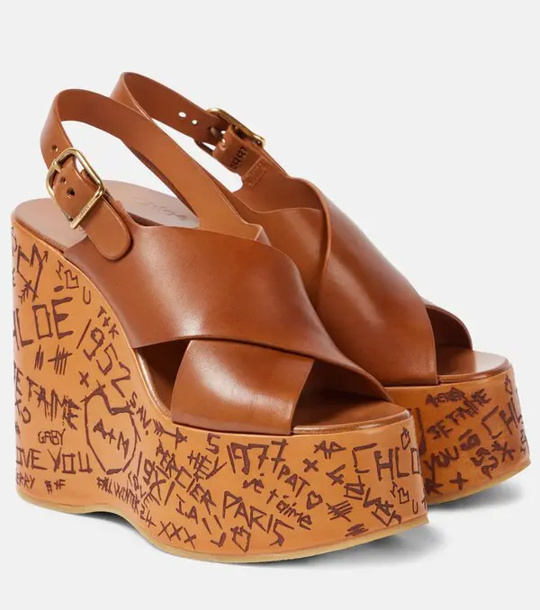 Chloé Maxime Leather Wedge Sandals - Brown