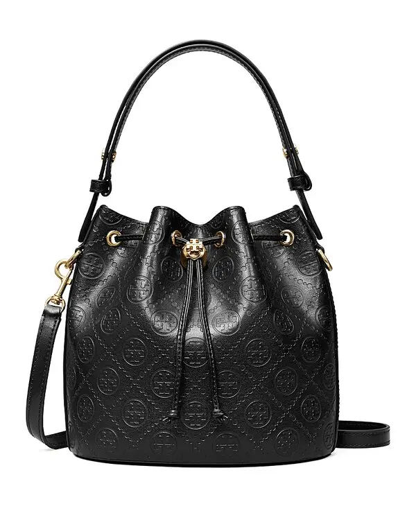 Tory Burch T Monogram Leather Bucket Bag - Black