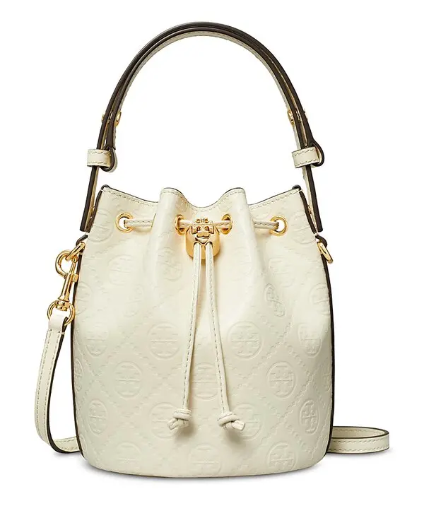 Tory Burch T Monogram Leather Mini Bucket Bag - Light Cream
