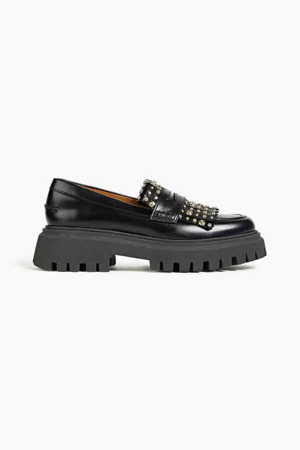 Maje Fringed Studded Leather Platform Loafers
