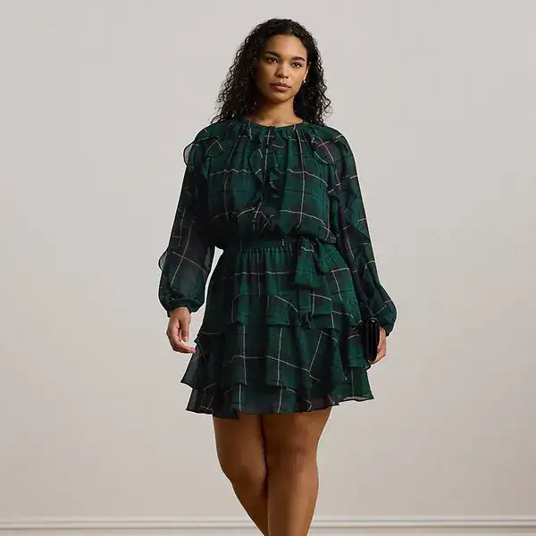 Ralph Lauren Plaid Ruffle-Trim Georgette Dress In Blue/Black/Green