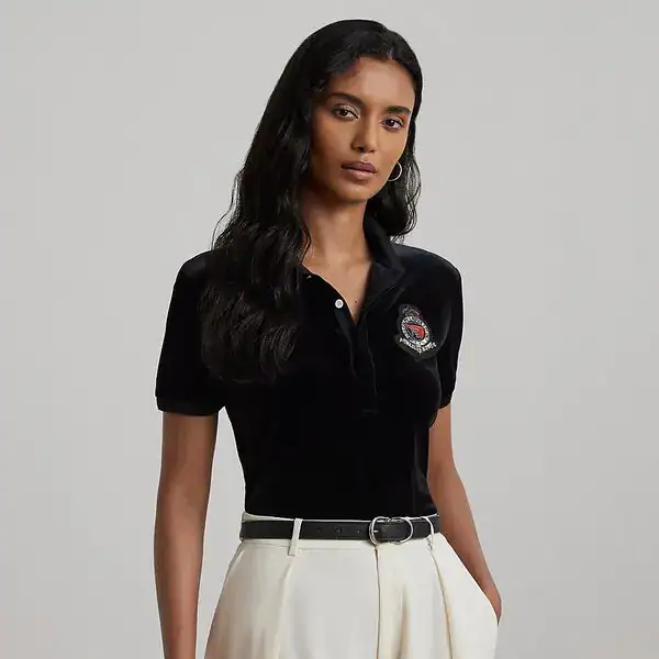 Ralph Lauren Beaded-Crest Stretch Velvet Polo Shirt In Black 