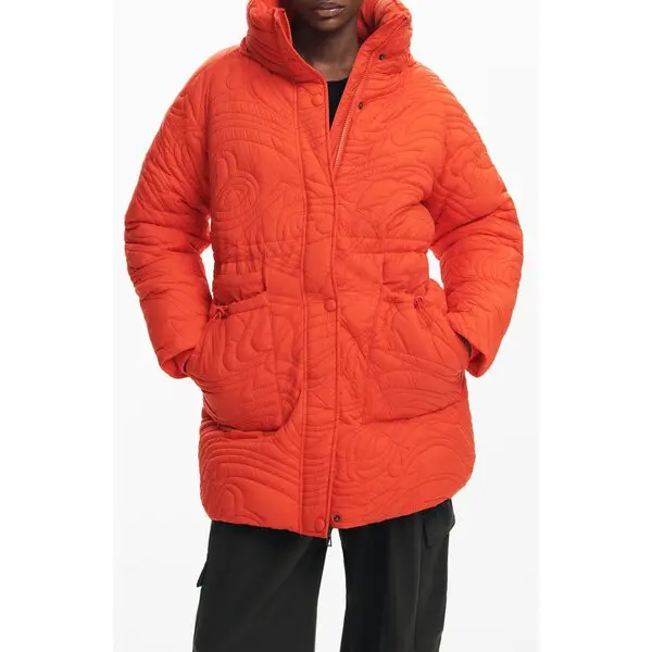 Desigual Aarhus Embroidered Quilted Coat - Orange