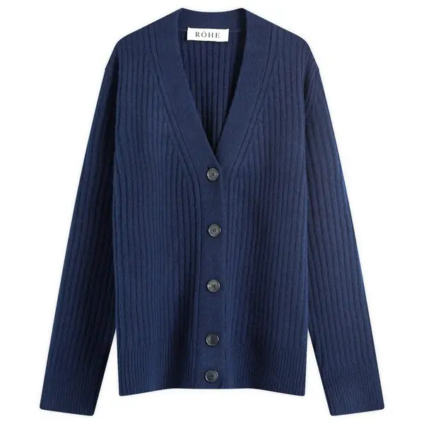 RÓHE Ribbed Boiled Wool Knitted Cardigan - Marine Blue