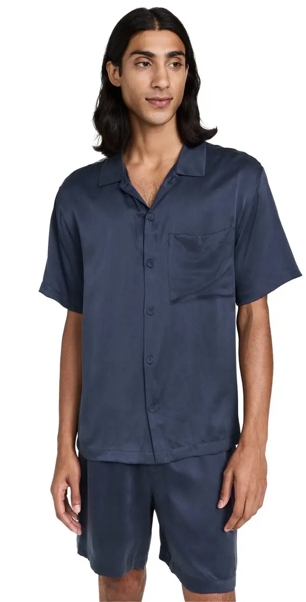 Lunya Washable Silk Button Up Short Pj Set - Deep Blue