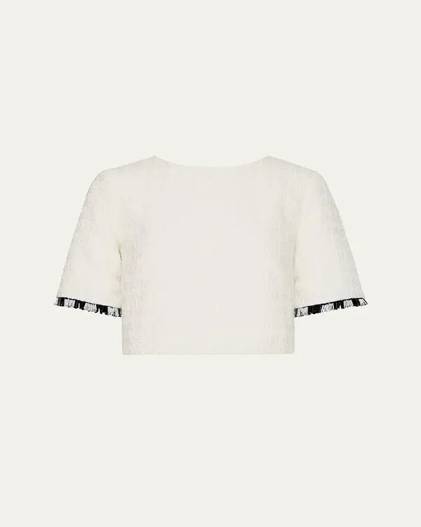 MILLY Lee Beaded Fringe Tweed Crop Top