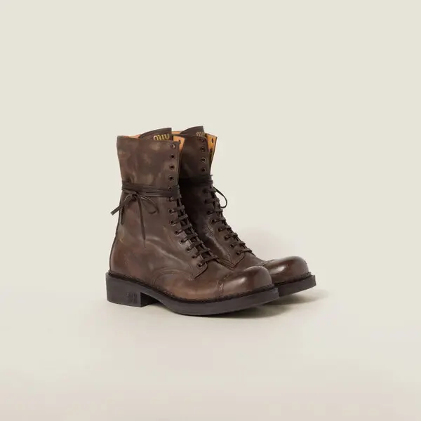 Miu Miu Leather Laced Booties - Cocoa Brown