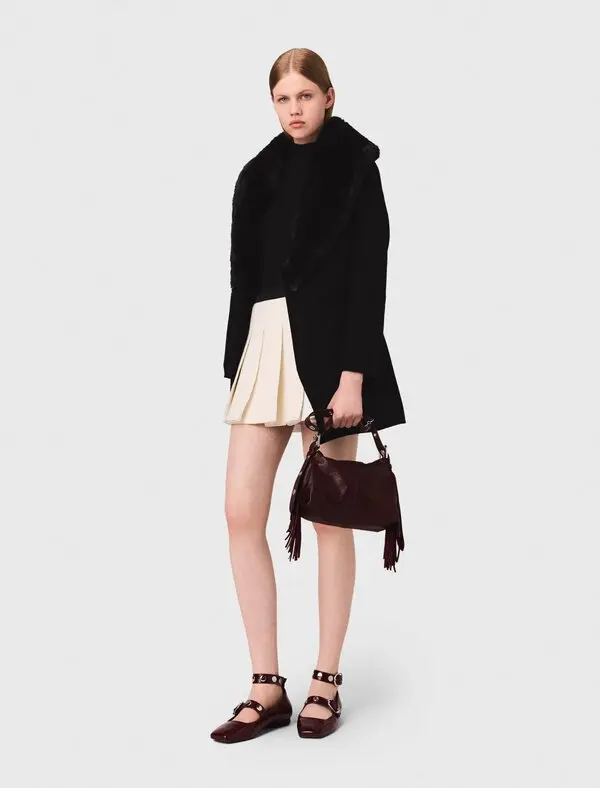 Maje Wool Double-faced Mid-length Coat With Fur Collar - Black