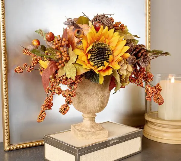 VALERIE PARR HILL Sunflower, Berry And Pinecone Centerpiece In Urn Valerie