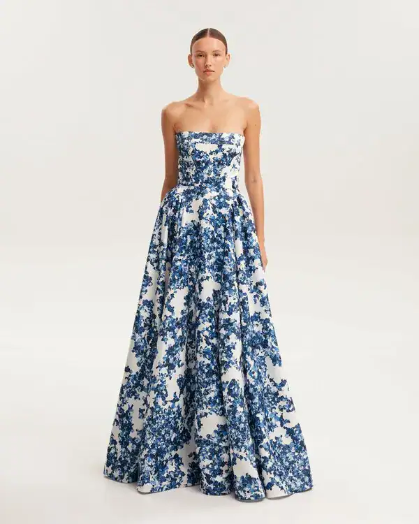 Milla Hydrangea Floral Satin Maxi Dress - Blue-Double | Editorialist