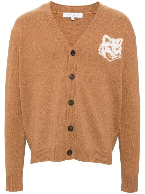 Maison Kitsuné Fox Head Intarsia Cardigan In Neutrals - 35% Off 