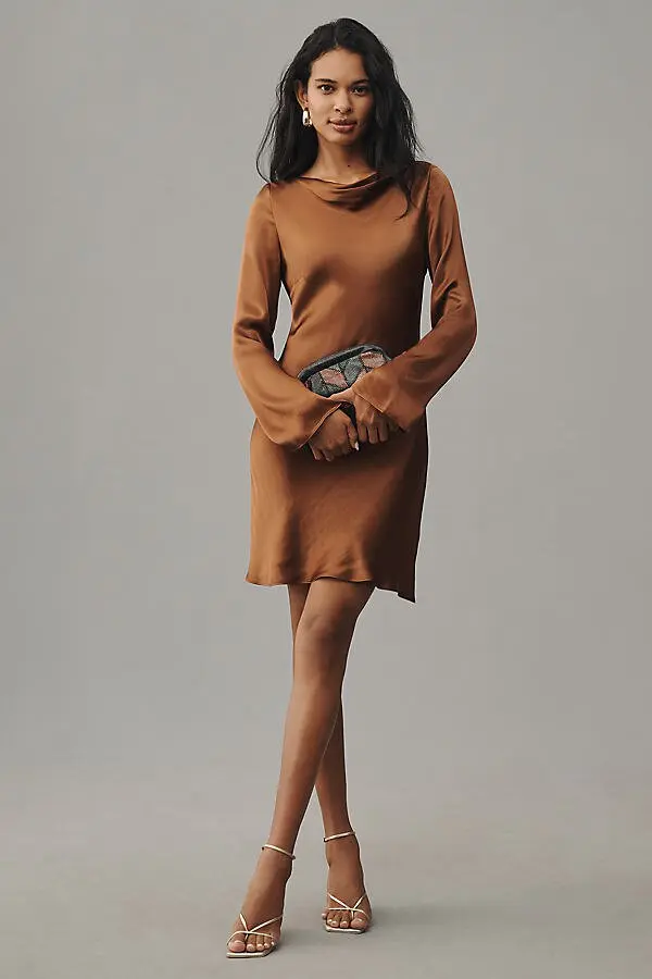 anthropologie brown mini dress Long-Sleeve Cowl-Neck In - 87% Off Size:4 Boys 6% linen Asymmetrical button Italian style dress Beige Maxi Dress, Cognac
