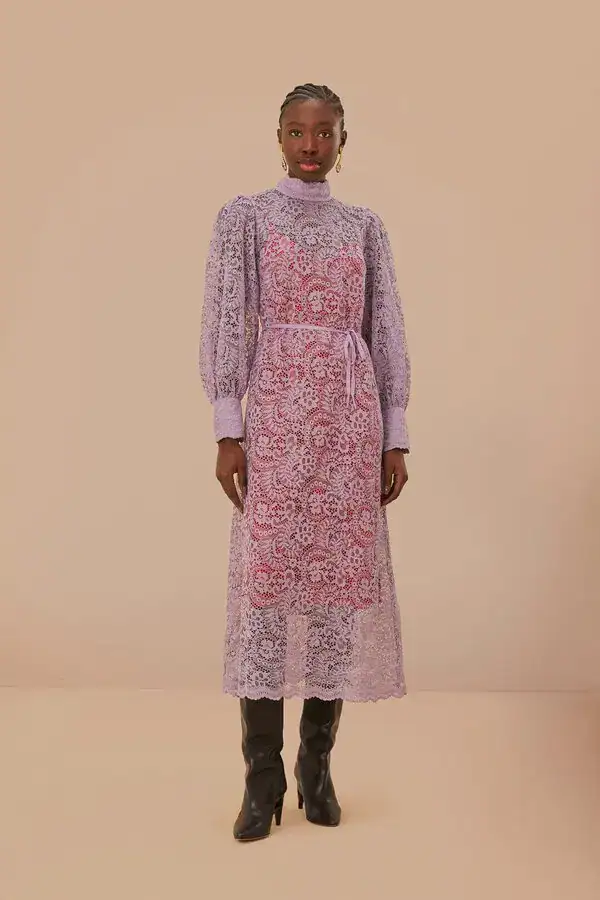 farm rio long-sleeve floral lace midi dress Black Lace Nature Tulle Midi Dress