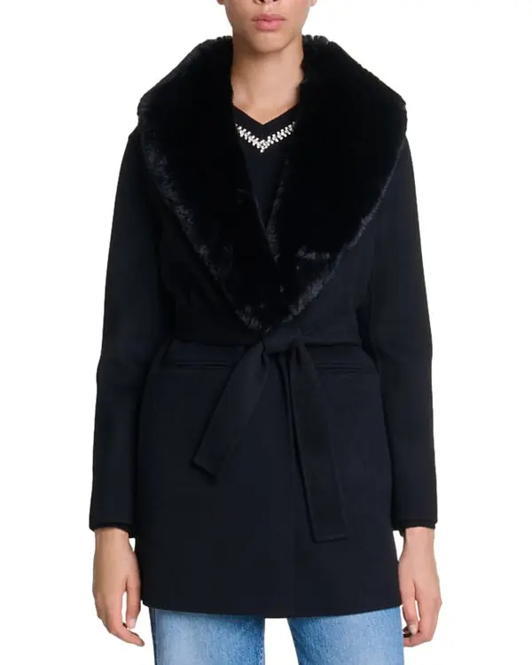 Maje Galaxyon Faux Fur Collar Coat - Black