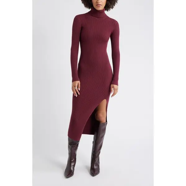 OPEN EDIT Ribbed Turtleneck Sweater Dress - Burgundy Tannin