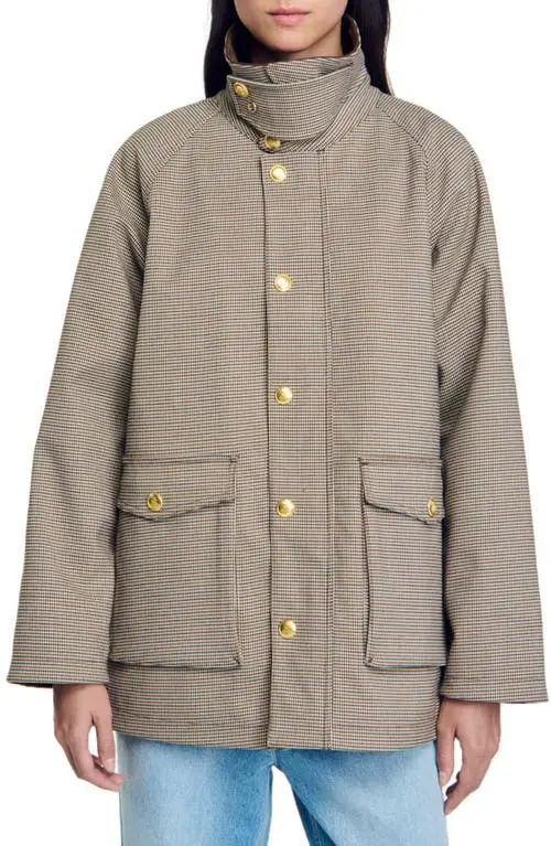 Sandro Checked Coat With Velvet Collar