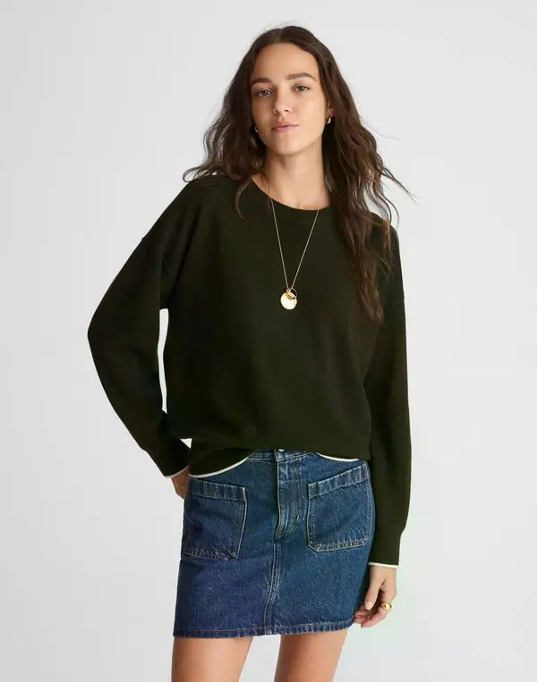 Madewell Merino Wool Crewneck Sweatshirt - Deep Olive And Oat Combo