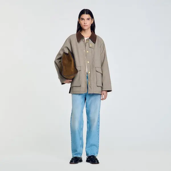 Sandro Checked Coat With Velvet Collar - Brown