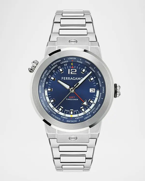 FERRAGAMO Gmt Stainless Steel Bracelet Watch, 43mm - Blue Silver