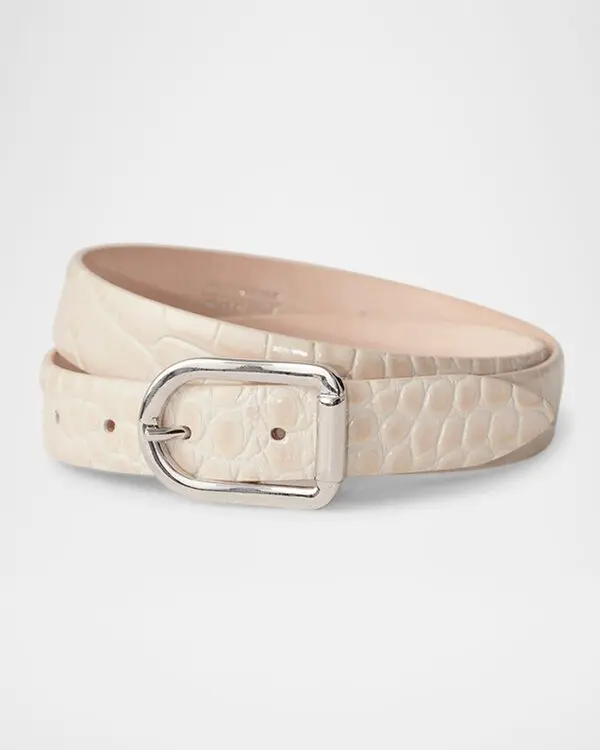 DEHANCHE Mija Croco-embossed Skinny Belt - Ivory Croco Silver