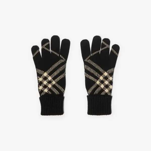 Burberry Check Cashmere Blend Knitted Gloves - Black/calico Beige