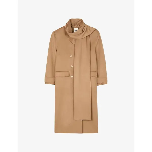 Sandro Relaxed-fit Wool Coat With Integrated Scarf - Camel