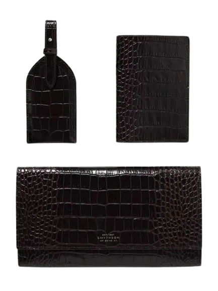 Smythson Mara Croc-effect Leather Clutch, Passport Holder And Luggage Tag Set