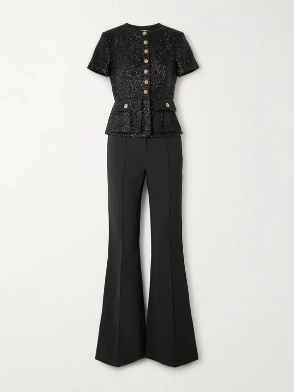 SELF-PORTRAIT Button-embellished Metallic Bouclé And Crepe Peplum Jumpsuit