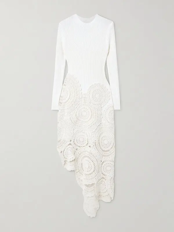 mosaic crochet midi dress Aje Mosaic Crochet-Trimmed Ribbed-Knit Midi Dress In Ivory - 50% Off