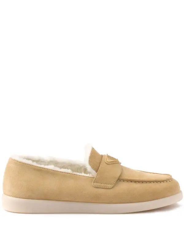 Prada Suede And Shearling Loafers - Neutrals